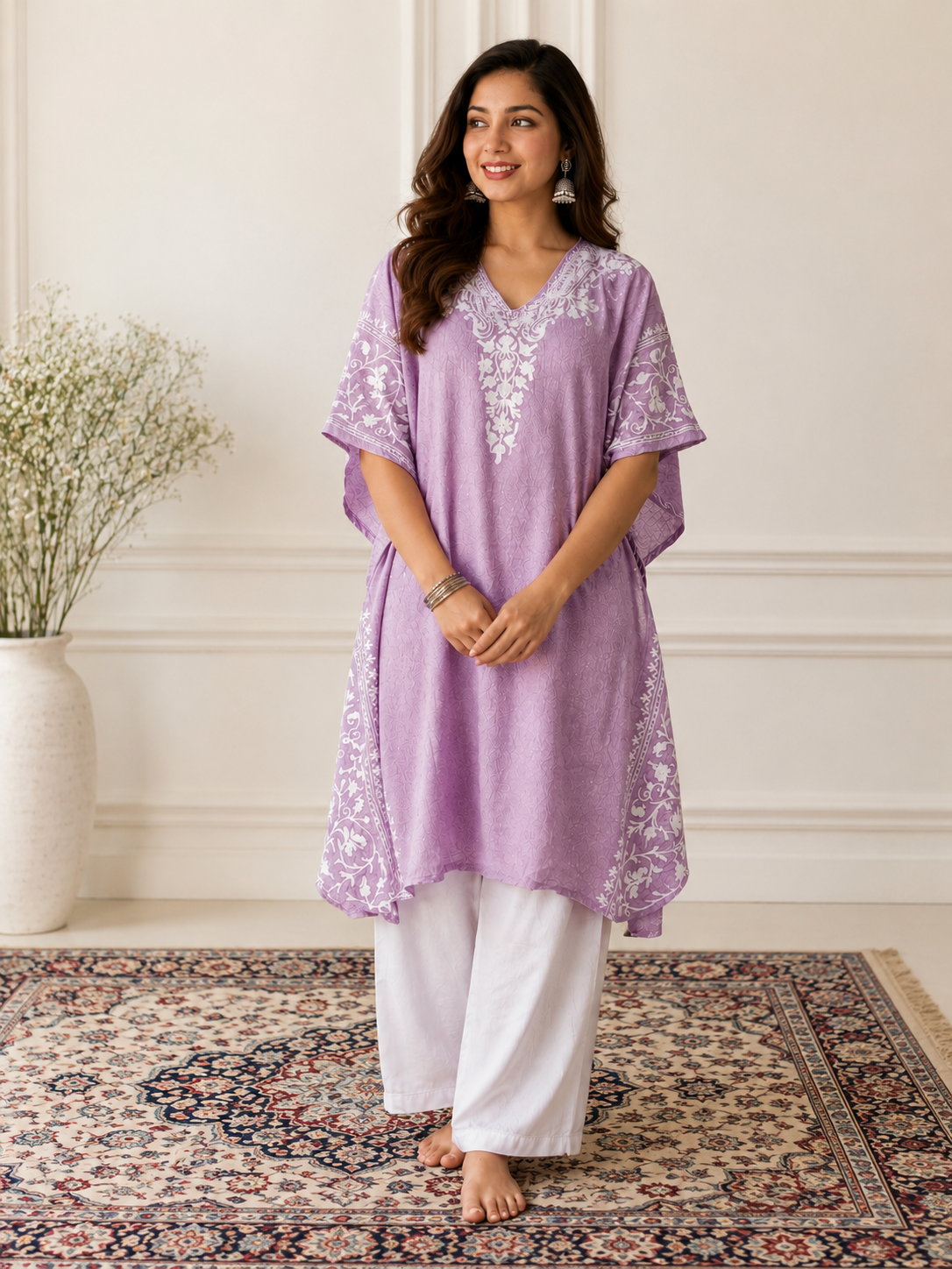 Heer Lavender Side jaal White Aari Work Kaftan – Kashmery