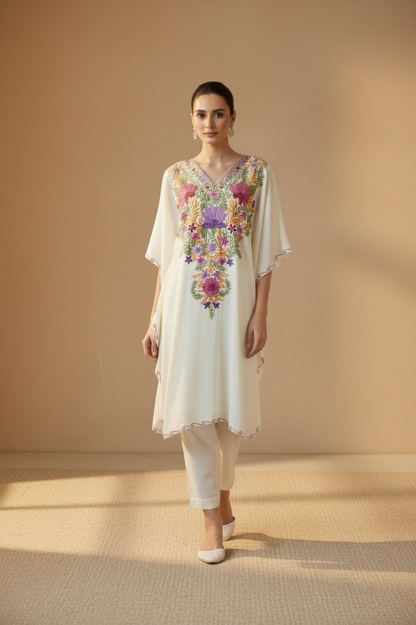 Heer White Multi Color Aari Work Kaftan – Kashmery